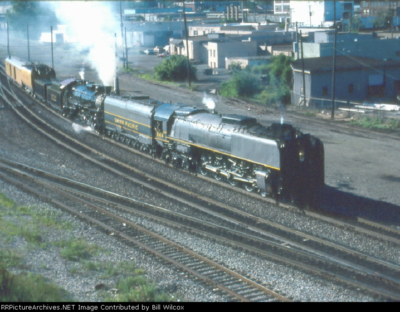 UP FEF-3 844 & SLSF 4-8-2 1522 pull under Grand Avenue to pick up an NRHS excursion